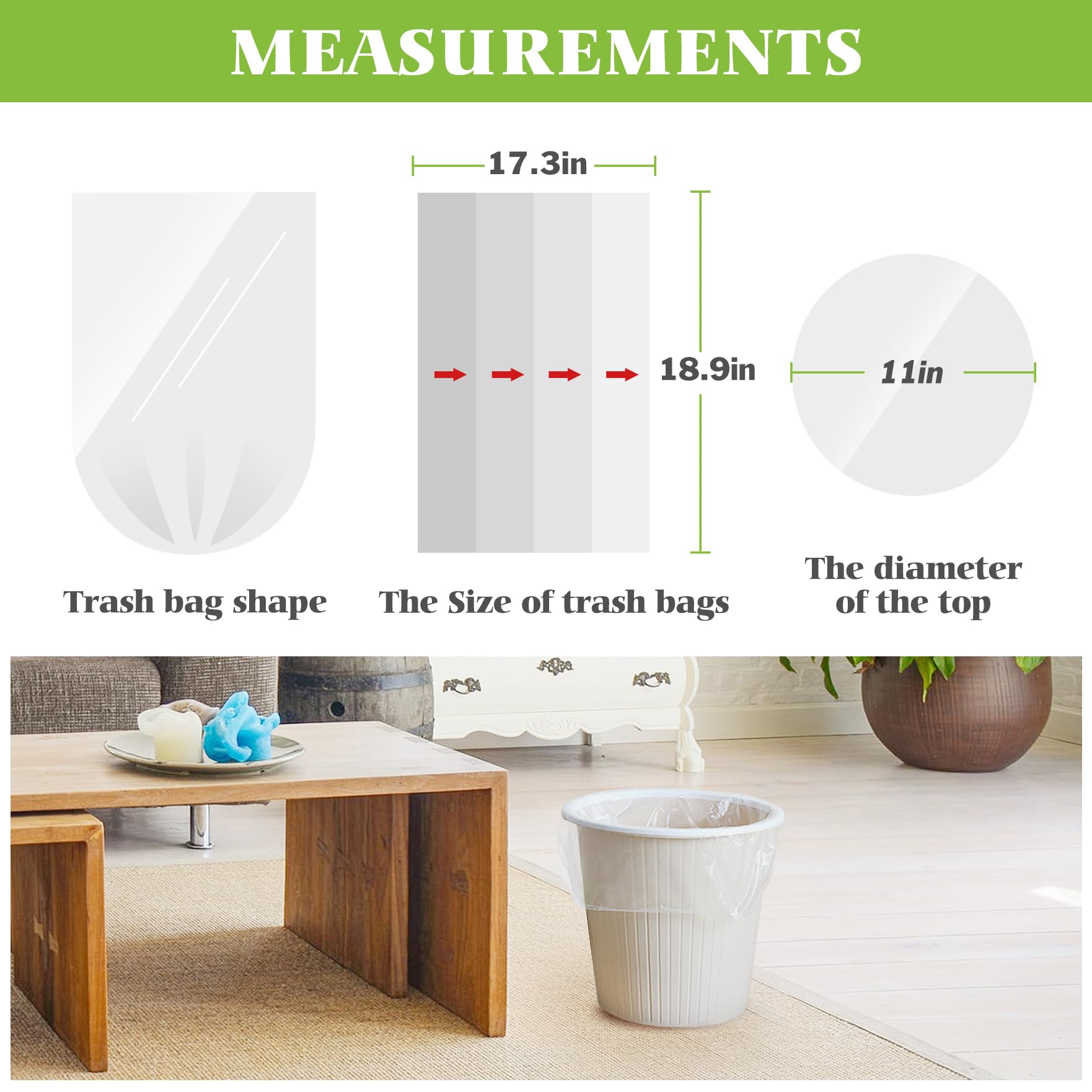 1.6 Gallon 330 Counts Strong Trash Bags Garbage Bags by Teivio, Bathroom Trash Can Bin Liners, Plastic Bags for home office kitchen, Clear