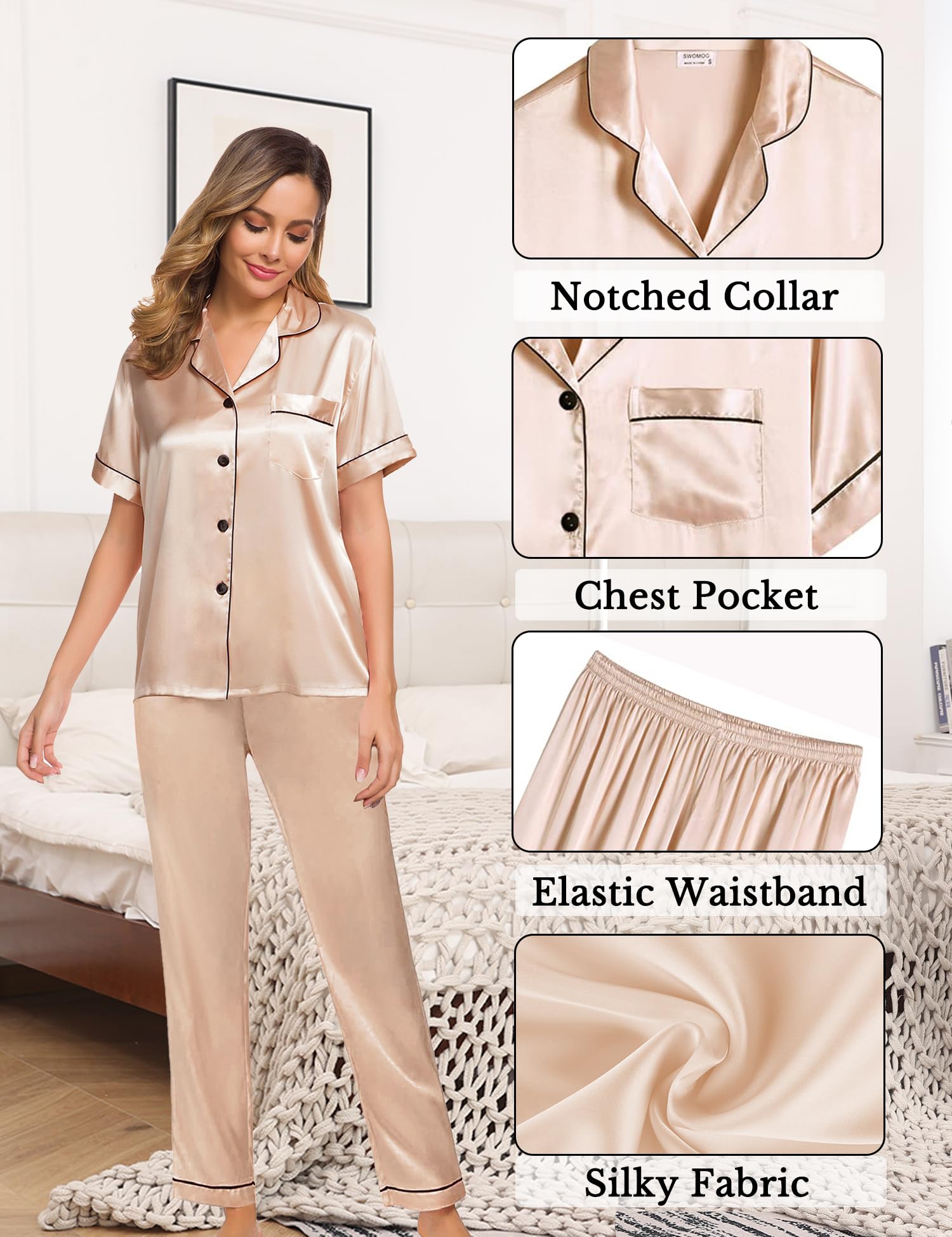 SWOMOG Womens 4pcs Pajamas Sets Silk Satin Pjs Silky Sexy Cami Shorts Set Button Down Short Sleeve Sleepwear Loungewear, Champagne Medium