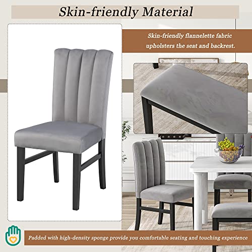 KELRIA 6-Piece Rectangular Table Set with Marble Veneer and 4 Flannelette Upholstered Dining Chairs & Bench, for Living Furniture, Guest Room, Home Bar, and Kitchen, White+Gray