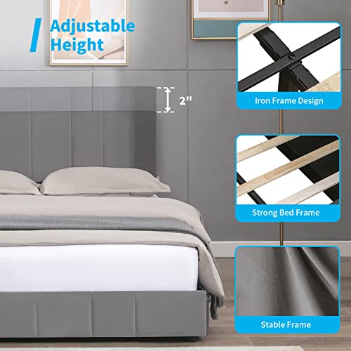 Mjkone California King Platform Bed Frame with 4 Storage Drawers, Upholstered Modern Velvet Bed Frame with Adjustable Headboard, Wooden Strips Design/No Box Spring Needed/Easy Assembly (Dark Grey)
