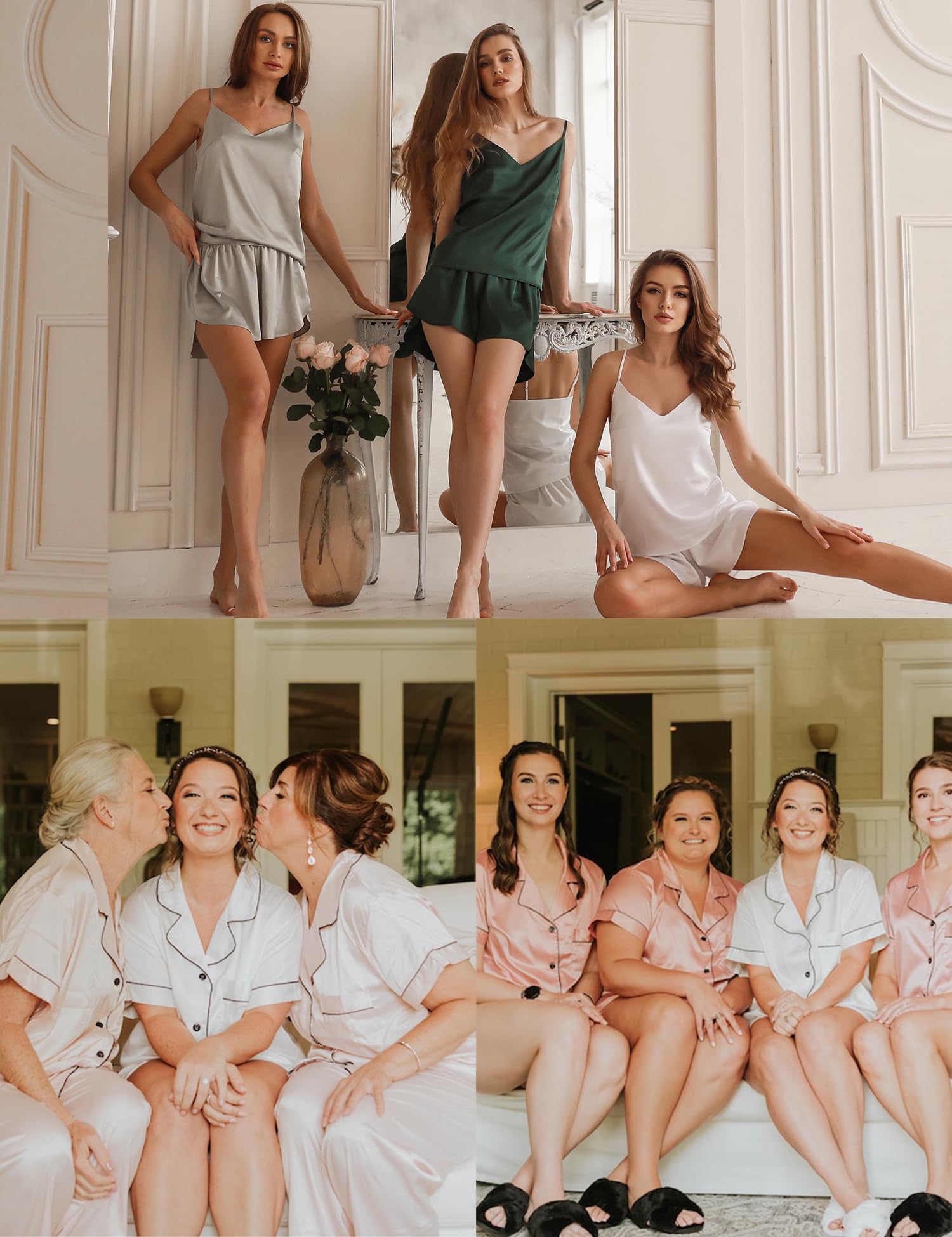 SWOMOG Womens 4pcs Pajamas Sets Silk Satin Pjs Silky Sexy Cami Shorts Set Button Down Short Sleeve Sleepwear Loungewear, Champagne Medium