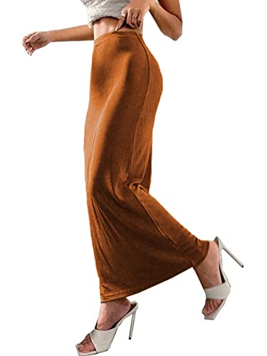LYANER Women's Casual Velvet Elastic High Waist Solid Bodycon Long Maxi Skirt Caramel Medium