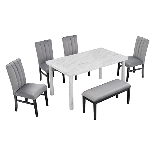 KELRIA 6-Piece Rectangular Table Set with Marble Veneer and 4 Flannelette Upholstered Dining Chairs & Bench, for Living Furniture, Guest Room, Home Bar, and Kitchen, White+Gray