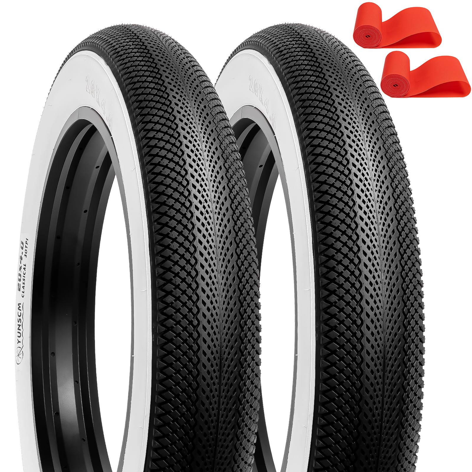 2 Pack 20" E-Bike Tires 20x4.0 Classic White Wall Tires with 2 Nylon Rim Strips for 20 x 4.0 Electric Bike Bicycle Tires