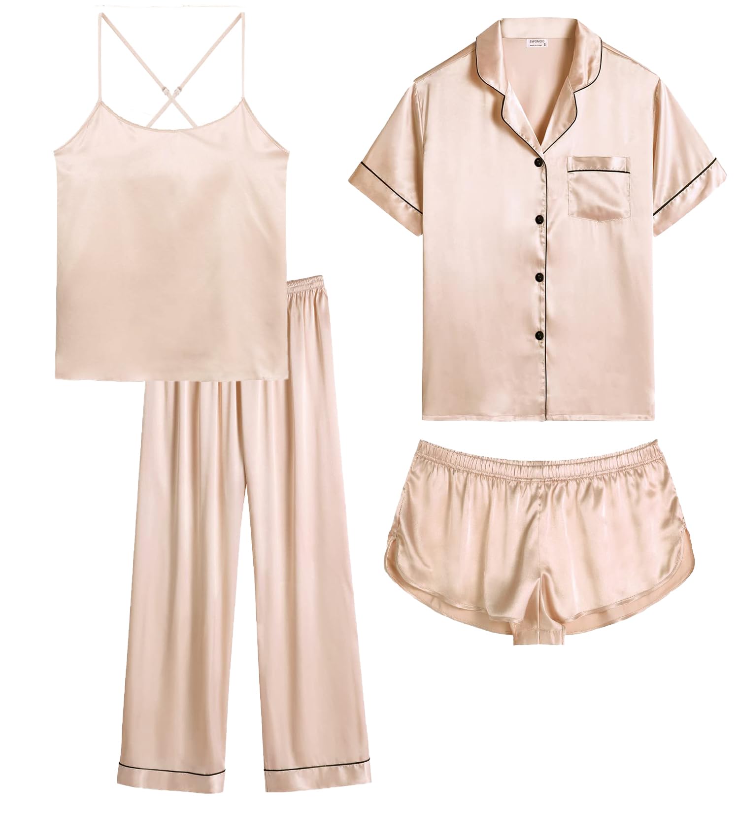 SWOMOG Womens 4pcs Pajamas Sets Silk Satin Pjs Silky Sexy Cami Shorts Set Button Down Short Sleeve Sleepwear Loungewear, Champagne Medium