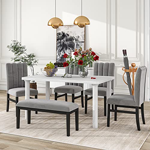 KELRIA 6-Piece Rectangular Table Set with Marble Veneer and 4 Flannelette Upholstered Dining Chairs & Bench, for Living Furniture, Guest Room, Home Bar, and Kitchen, White+Gray