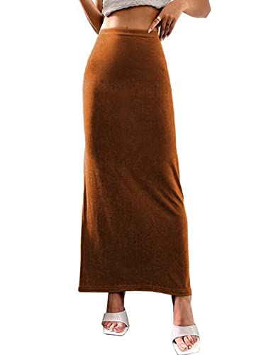 LYANER Women's Casual Velvet Elastic High Waist Solid Bodycon Long Maxi Skirt Caramel Medium