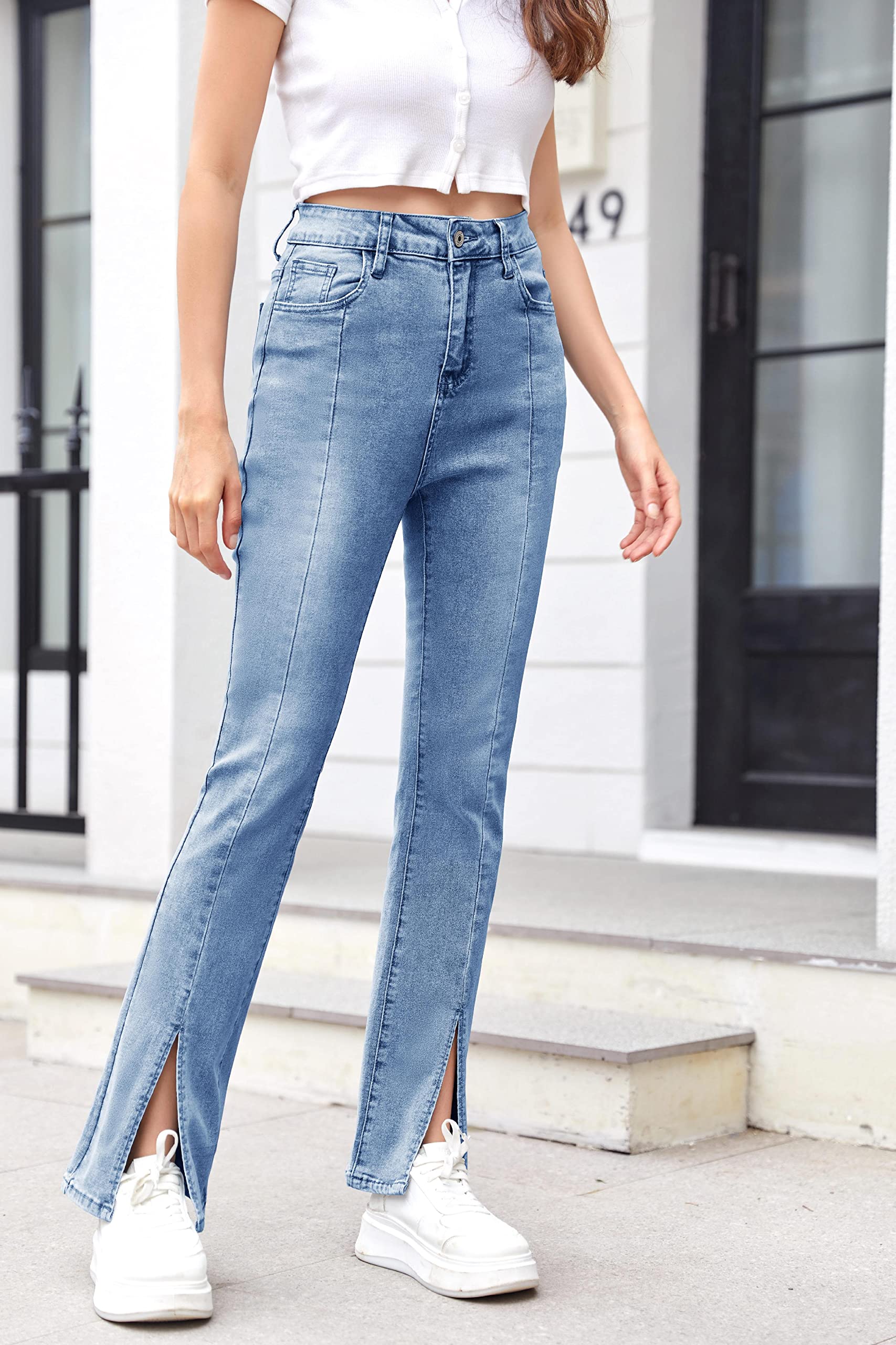 Jauoop Women's High Waist Bootcut Jeans Split Hem Straight Leg Skinny Denim Pants with Pockets Light Blue
