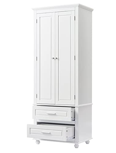 Tall Storage Cabinet with 2 Drawers and Double Door for Bathroom/Office, White Freestanding Kitchen Pantry Cabinet, Bathroom Cupboard w/Adjustable Shelf, Floor Cabinet Bookcase with Door (White-ty1)