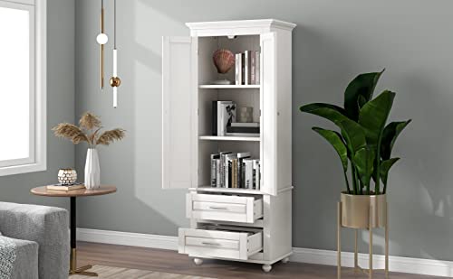 Tall Storage Cabinet with 2 Drawers and Double Door for Bathroom/Office, White Freestanding Kitchen Pantry Cabinet, Bathroom Cupboard w/Adjustable Shelf, Floor Cabinet Bookcase with Door (White-ty1)