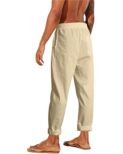 NANAMEEI Mens Linen Pants Mens Summer Pants Mens Slim Fit Pants Mens Linen Loose Pants Beige XL