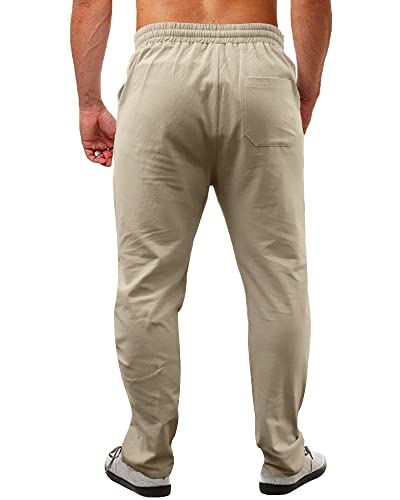 NANAMEEI Mens Linen Pants Casual Mens Linen Trousers Beach Elastic Waistband Pocket Drawstring Beach Pants Khaki XL