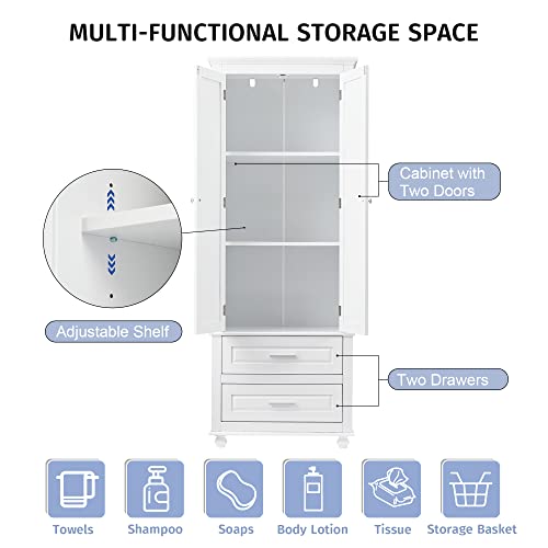 Tall Storage Cabinet with 2 Drawers and Double Door for Bathroom/Office, White Freestanding Kitchen Pantry Cabinet, Bathroom Cupboard w/Adjustable Shelf, Floor Cabinet Bookcase with Door (White-ty1)