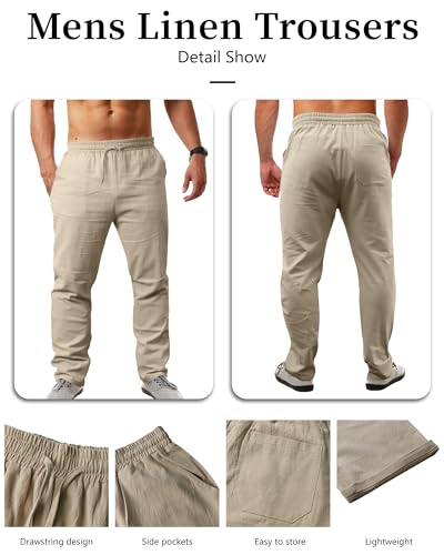 NANAMEEI Mens Linen Pants Casual Mens Linen Trousers Beach Elastic Waistband Pocket Drawstring Beach Pants Khaki XL