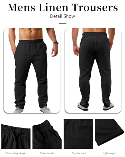 NANAMEEI Men's Drawstring Linen Pants Casual Beach Loose Trousers with Drawsting Elastic Waistband Pocket 2XL Black