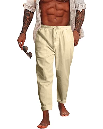 NANAMEEI Mens Linen Pants Mens Summer Pants Mens Slim Fit Pants Mens Linen Loose Pants Beige XL