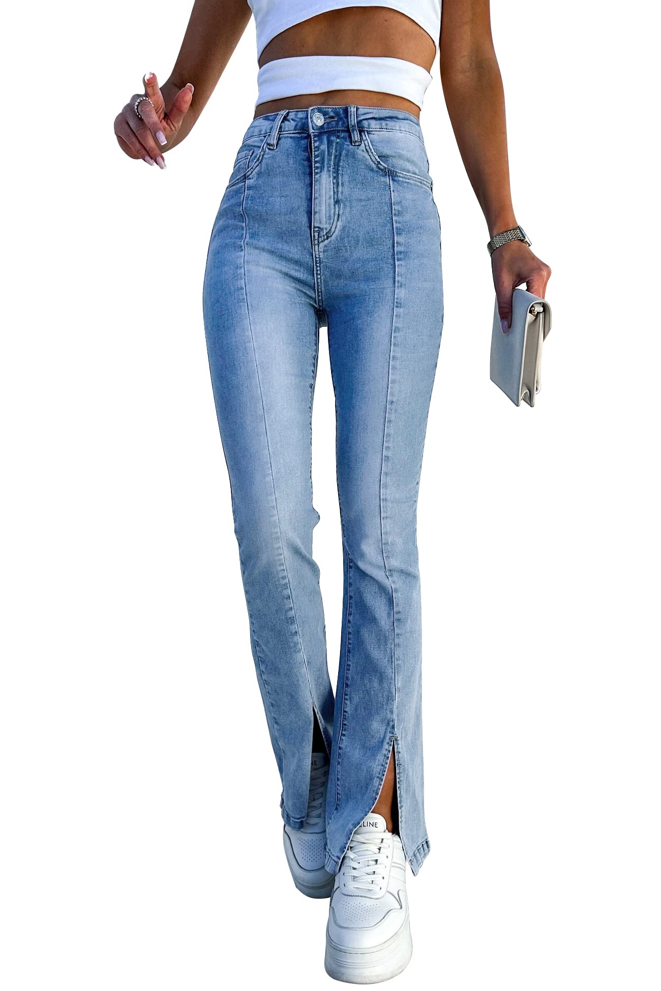 Jauoop Women's High Waist Bootcut Jeans Split Hem Straight Leg Skinny Denim Pants with Pockets Light Blue