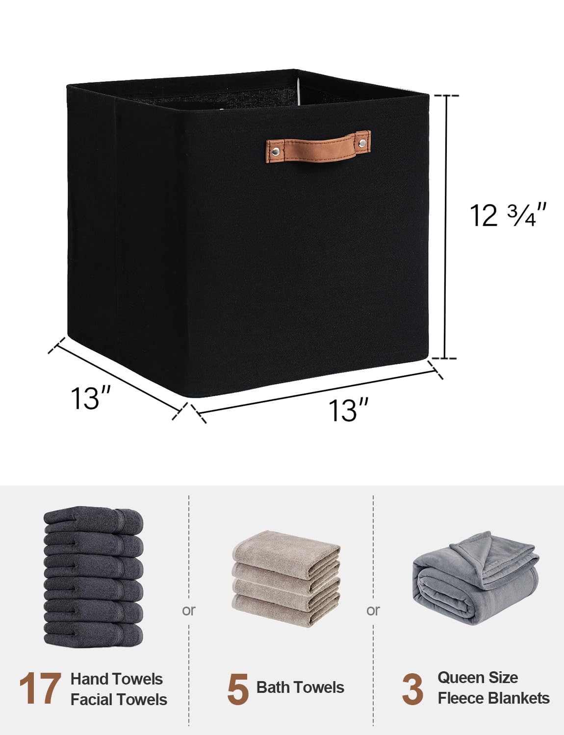 StorageWorks 13x13 Inches Storage Cube, Fabric Storage Bins with PU Handles, Collapsible Organizer Baskets for Closet, Black, 4-Pack