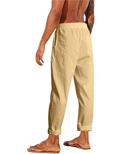 NANAMEEI Linen Beach Pants Men Cotton Pants for Men Casual Pants for Men Beach Trousers for Men Khaki 2XL