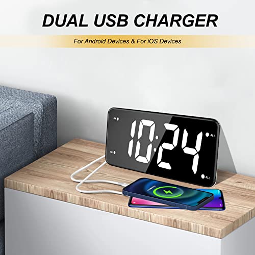 Digital Loud Alarm Clock for Heavy Sleepers Adults with Bed Shaker - Ideal for Hearing Impaired People - Dual Alarm Settings & 2 USB Charger - 7 Inch Display (Black with White Digit)