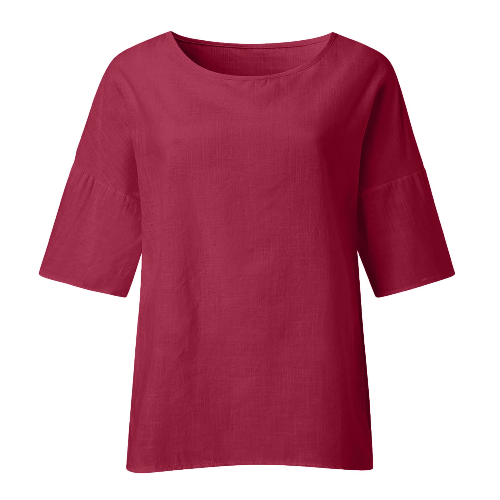 DASAYO Women's Round Neck Cotton Linen Top Shirt Plain Loose Fit 3/4 Sleeve Casual t-Shirts Tops Retro Summer Beach Shirts