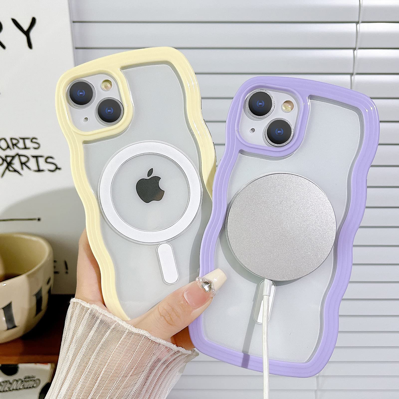 Yeddabox Compatible for iPhone 13 Case with Magsafe, Wave Magnetic Phone Case Cute Water Ripple Candy Colors Frame Shockproof for iPhone 13 Phone Case for Women 6.1 Inch - White
