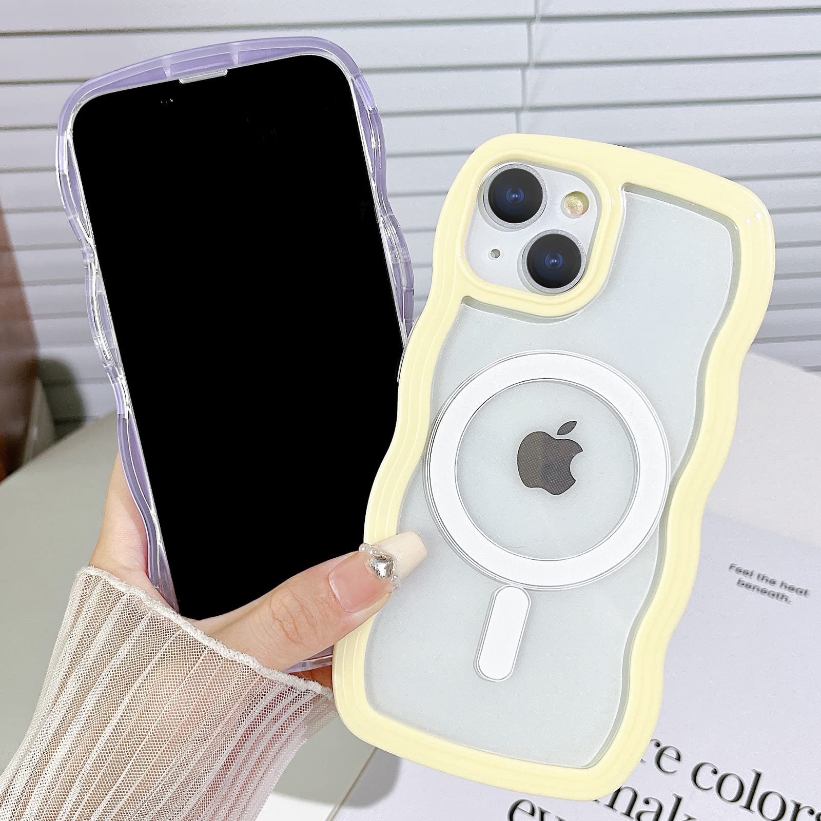 Yeddabox Compatible for iPhone 13 Case with Magsafe, Wave Magnetic Phone Case Cute Water Ripple Candy Colors Frame Shockproof for iPhone 13 Phone Case for Women 6.1 Inch - White