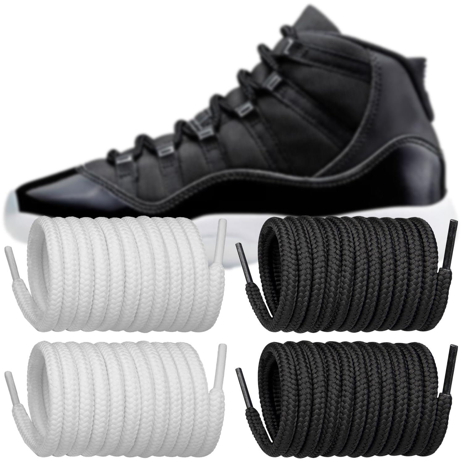 Endoto 2 Pairs Shoelaces for Air Jordan 11,Replacement 5MM Shoe Laces Round Polyester Sneaker Shoes(Color:Black+White,Size:65Inch)