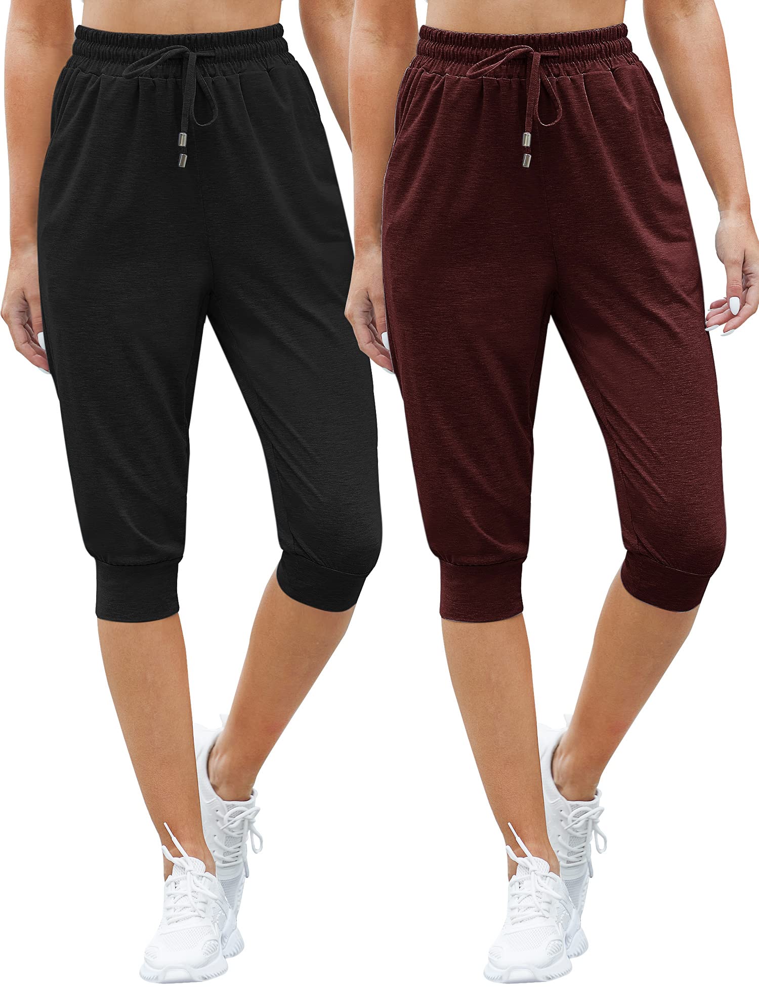 Syhood 2 Pack Women Capri Sweatpants Women's Drawstring Capris Casual Cropped Jogger Pants with Pockets (Black, Burgundy, XX-Large)