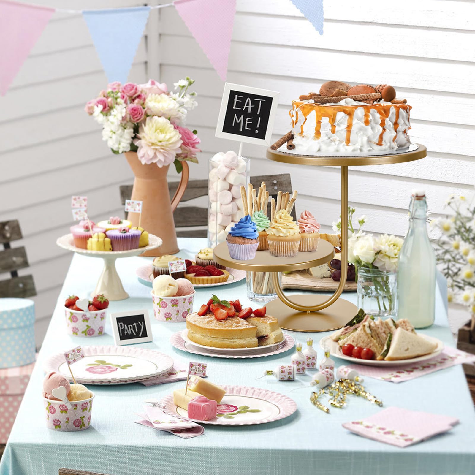 HUANGXIN 2 Tier Gold Cake Stand Metal Food Display Riser Stands Perfect for Desserts Cupcakes Pastry Candy Round Serving Tray Ideal for Wedding Birthday Party and Event