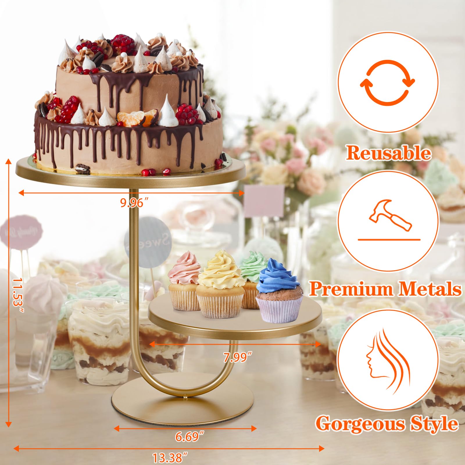 HUANGXIN 2 Tier Gold Cake Stand Metal Food Display Riser Stands Perfect for Desserts Cupcakes Pastry Candy Round Serving Tray Ideal for Wedding Birthday Party and Event