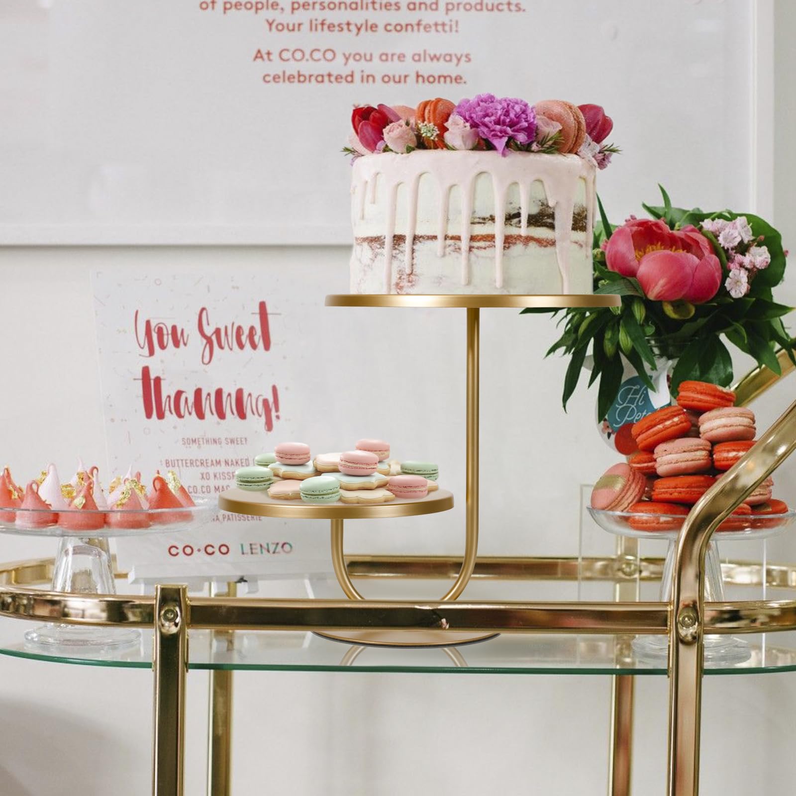 HUANGXIN 2 Tier Gold Cake Stand Metal Food Display Riser Stands Perfect for Desserts Cupcakes Pastry Candy Round Serving Tray Ideal for Wedding Birthday Party and Event