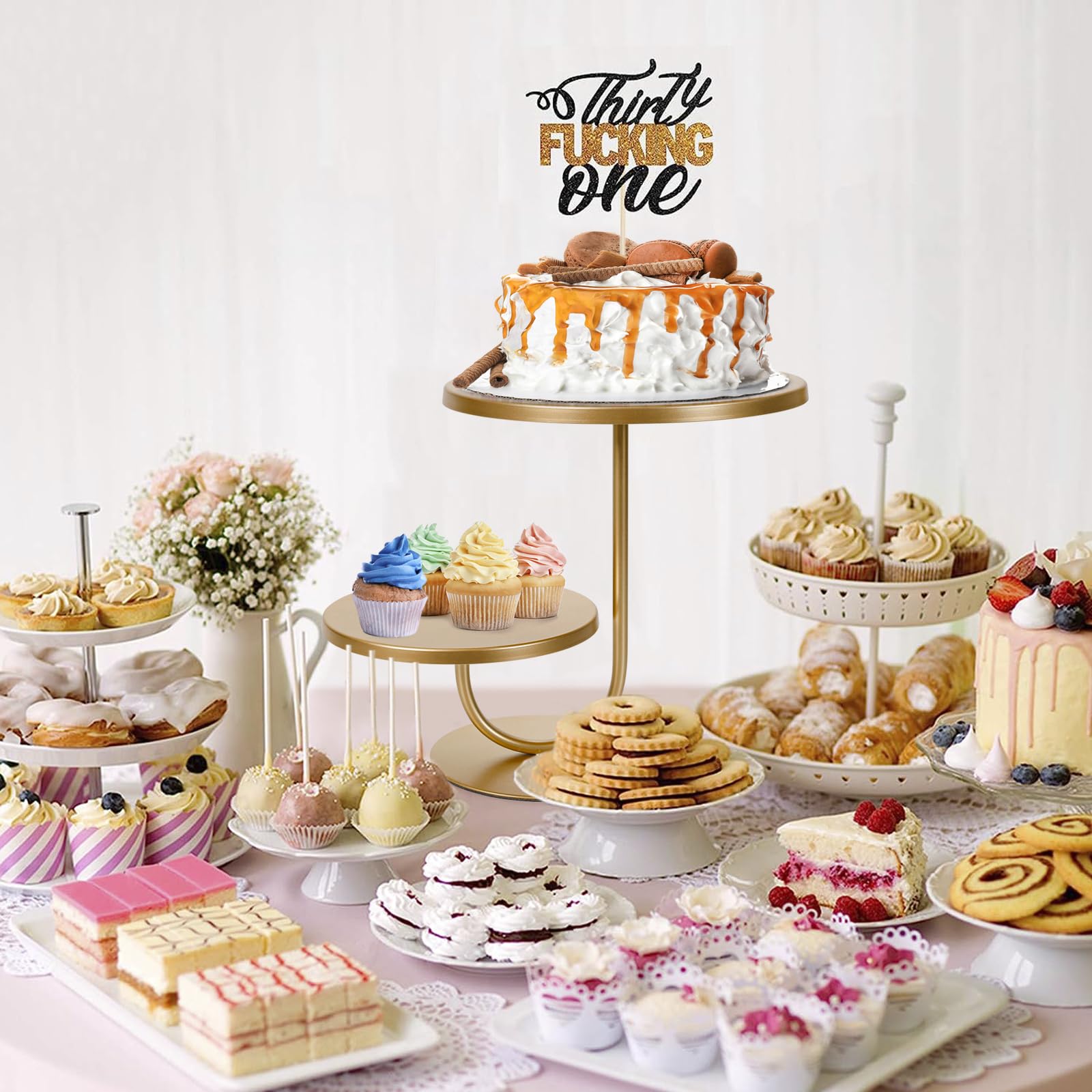 HUANGXIN 2 Tier Gold Cake Stand Metal Food Display Riser Stands Perfect for Desserts Cupcakes Pastry Candy Round Serving Tray Ideal for Wedding Birthday Party and Event
