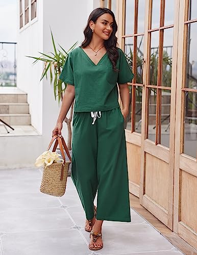 Ekouaer Women's 100% Cotton Linen Lounge Set Short Sleeve Top Wide Leg Pant Pajama Set Outfits,Viridian,X-Large