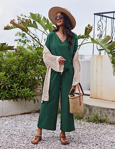 Ekouaer Women's 100% Cotton Linen Lounge Set Short Sleeve Top Wide Leg Pant Pajama Set Outfits,Viridian,X-Large