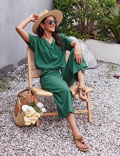 Ekouaer Women's 100% Cotton Linen Lounge Set Short Sleeve Top Wide Leg Pant Pajama Set Outfits,Viridian,X-Large