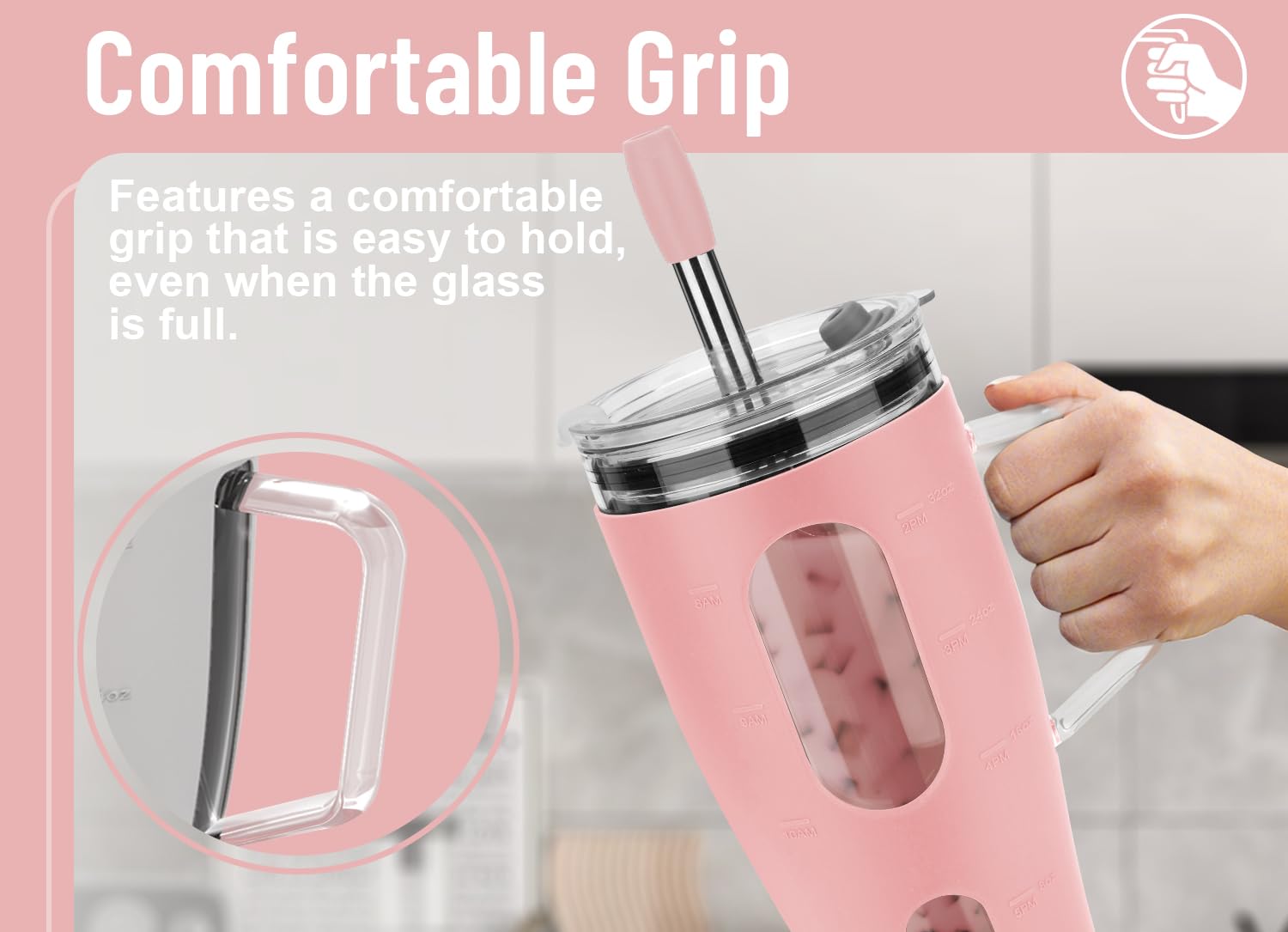 Zenbo 40oz Iced Coffee Cup with Handle, Glass Tumbler with Straw and Lid, BPA-Free Silicone Sleeve