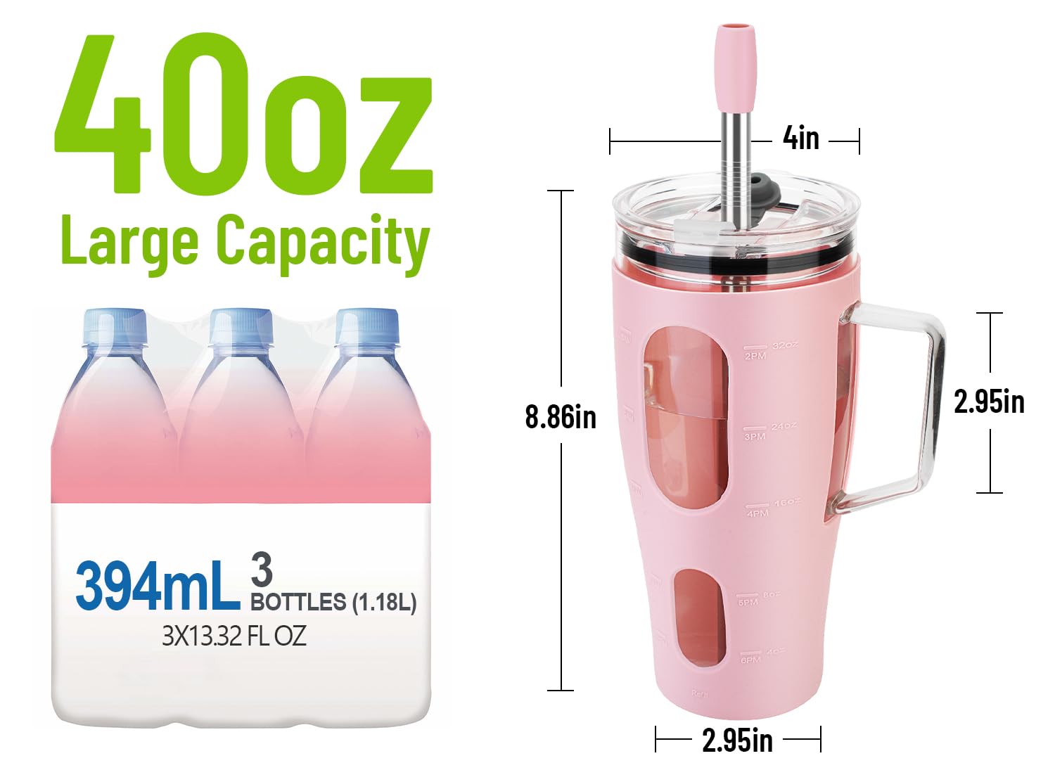 Zenbo 40oz Iced Coffee Cup with Handle, Glass Tumbler with Straw and Lid, BPA-Free Silicone Sleeve