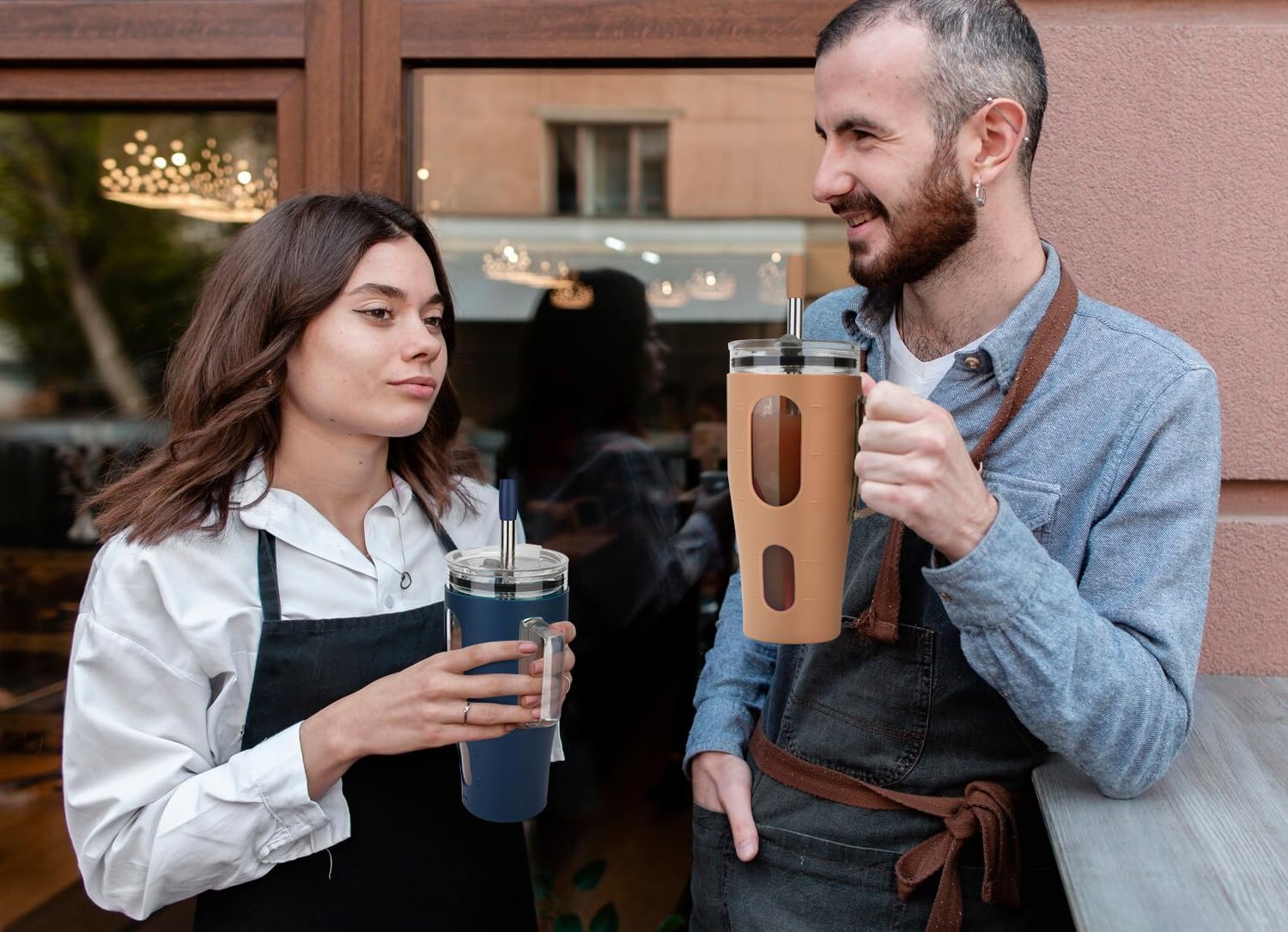 Zenbo 40oz Iced Coffee Cup with Handle, Glass Tumbler with Straw and Lid, BPA-Free Silicone Sleeve