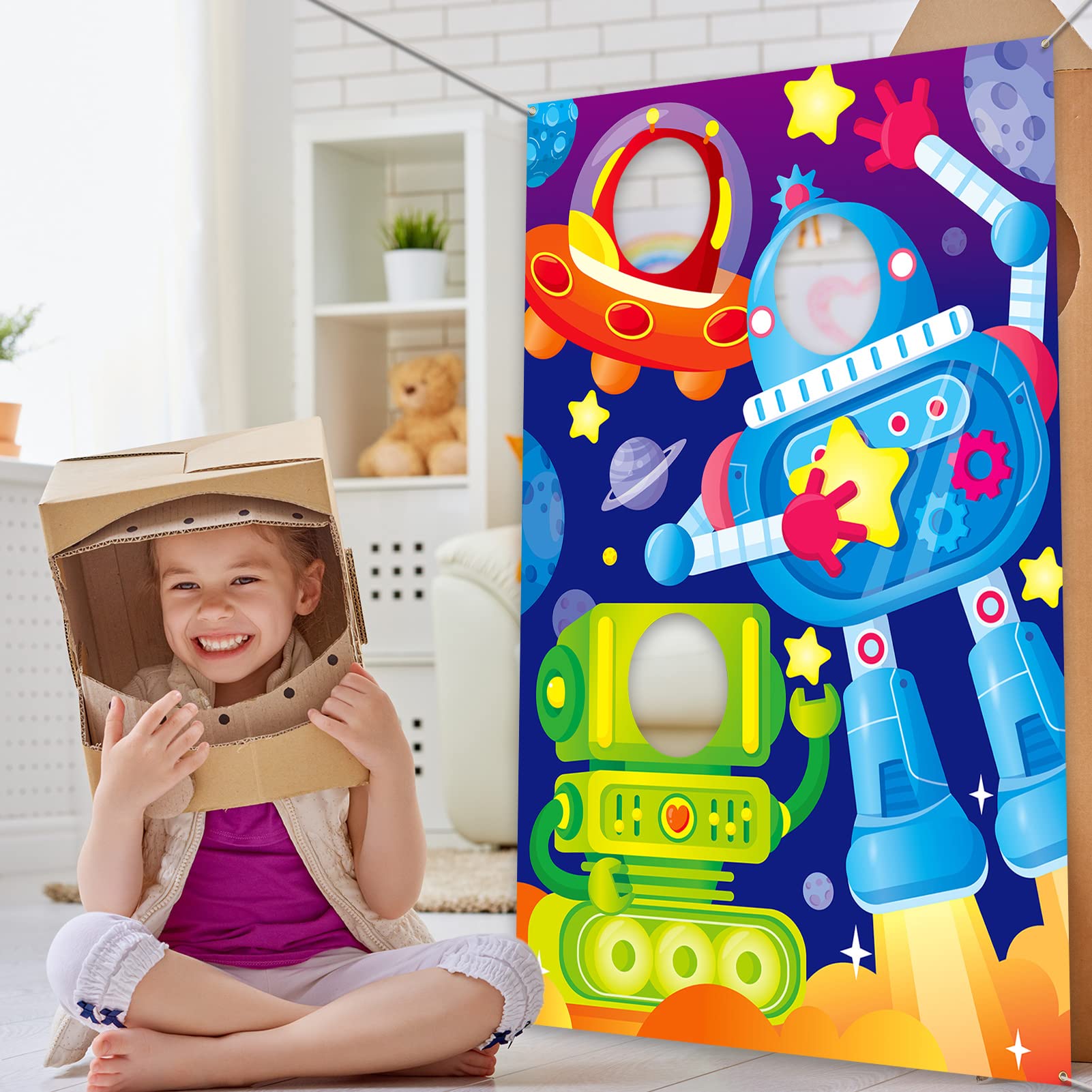 DPKOW Kids Robot Party Prop - Funny Robot Face Photo Banner for Boys' Space-Themed Birthday Party Decorations