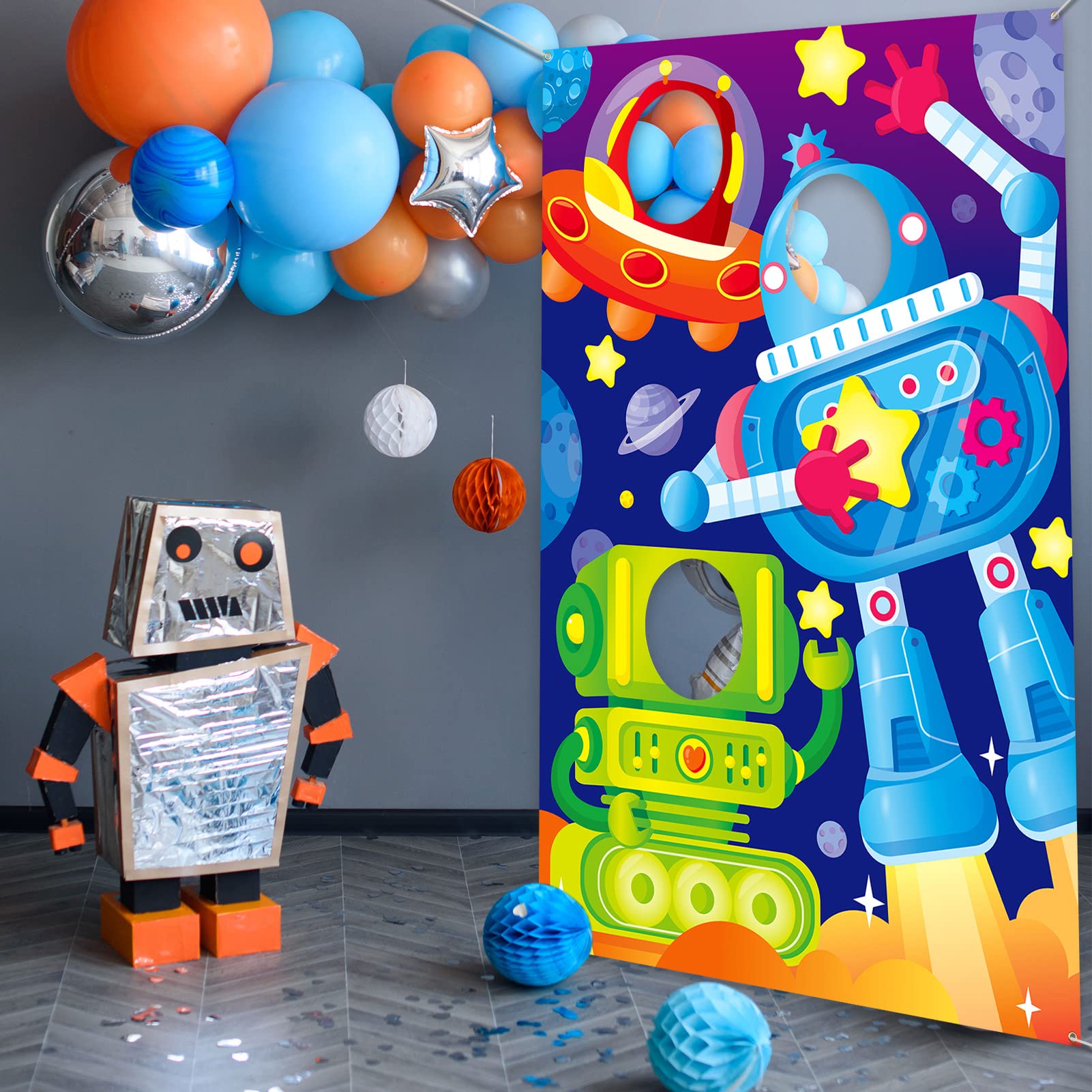 DPKOW Kids Robot Party Prop - Funny Robot Face Photo Banner for Boys' Space-Themed Birthday Party Decorations