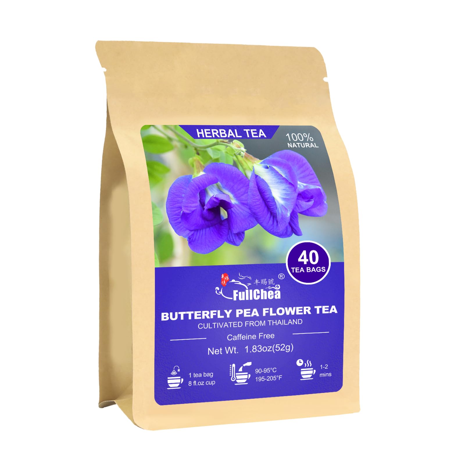 FullChea - Butterfly Pea Flower Tea Bags, 30 Teabags, 1.3g/Bag - Premium Dried Butterfly Pea, Cultivated from Thailand - Non-GMO - Caffeine-Free - Rich in Antioxidants & Support Eye Health