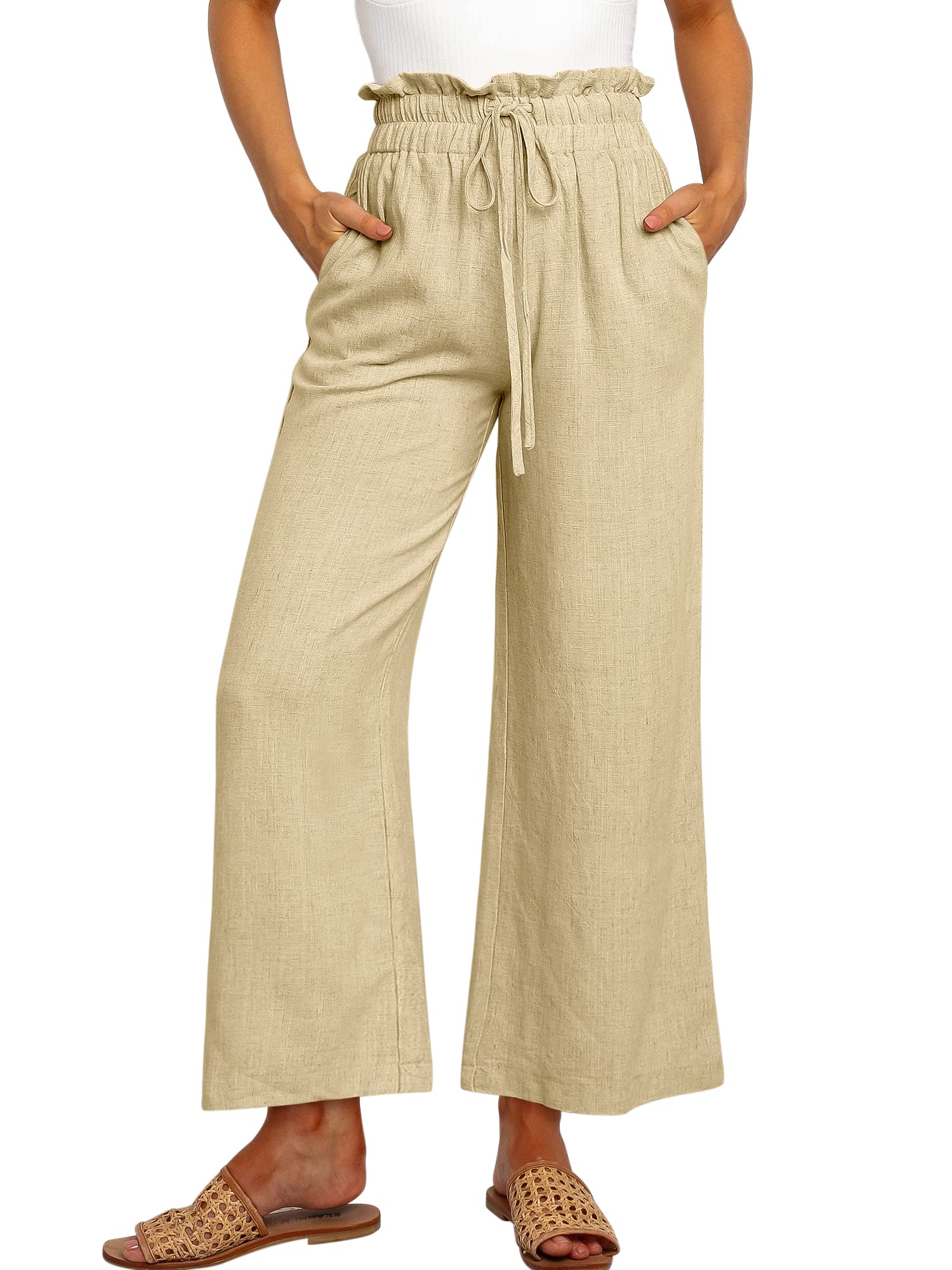 ANRABESS Women Linen Pants Casual Loose High Waist Boho Wide Leg Cropped Palazzo Beach Pants Summer Outfits 2025 Trendy Small Apricot