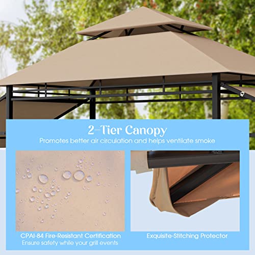 Double Tiered Grill Gazebo, 13.5 x 4 Feet Patio BBQ Grill Gazebo with Dual Side Awnings Outdoor BBQ Patio Canopy Tent (Beige)