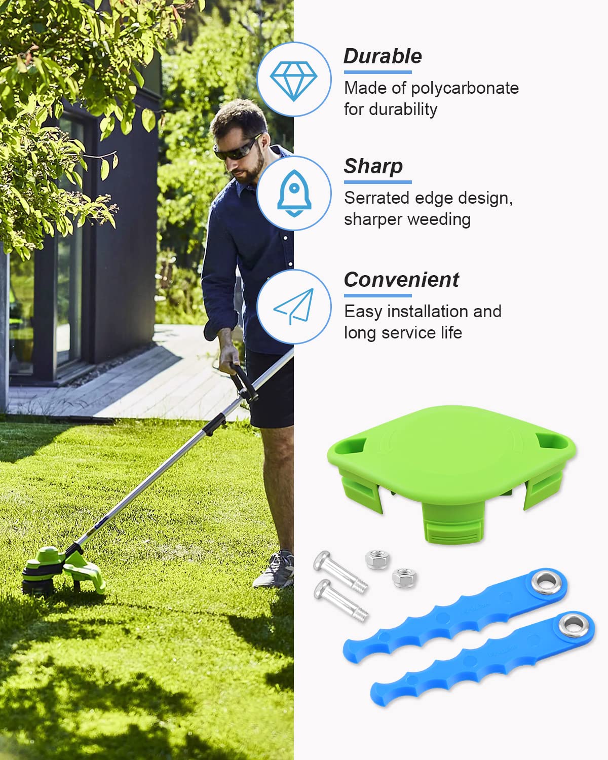 ULXIOM Polycarbonate Bladed Trimmer Head Fits for Greenworks 21302 21332 21342 20V 24V 40V String Edger, with 6 Quickload Blades and 4 Screw