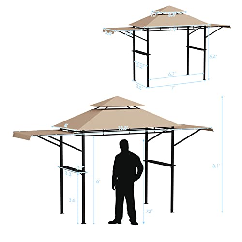 Double Tiered Grill Gazebo, 13.5 x 4 Feet Patio BBQ Grill Gazebo with Dual Side Awnings Outdoor BBQ Patio Canopy Tent (Beige)