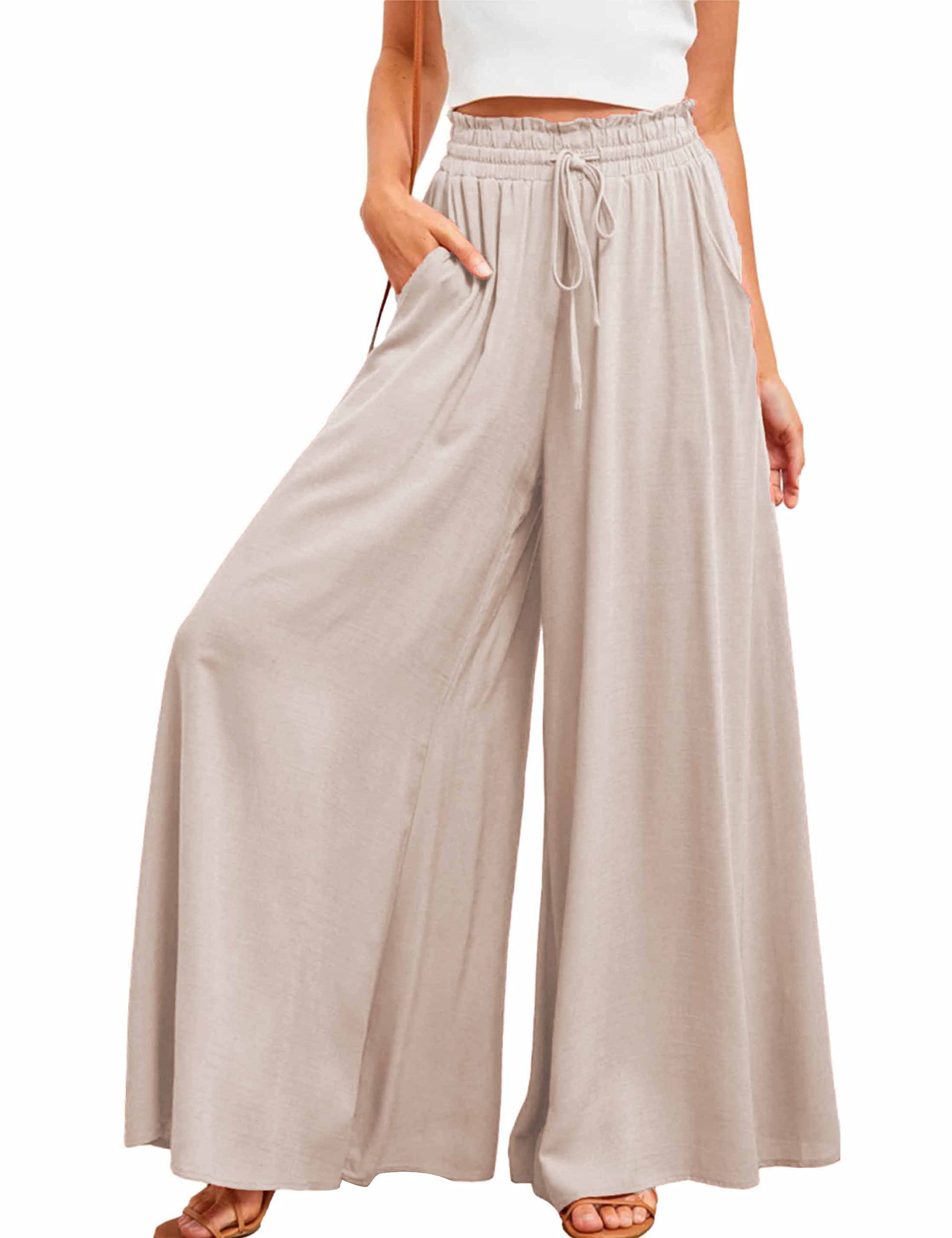 Wanzetaly Women's 2023 Fashion Casual Wide Leg Pants Elastic High Waisted Palazzo Pants with Pockets(0084-Apricot-XL)
