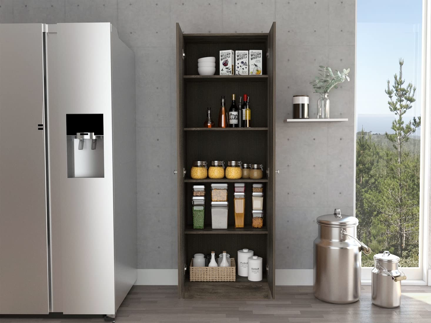 Prohonbec 71" H Modern Pantry Cabinet Cupboard, 5 Shelves, Double Door Cabinet Storage for Kitchen, Dining Room, Laundry or Utility Room (Dark Brown/Black)