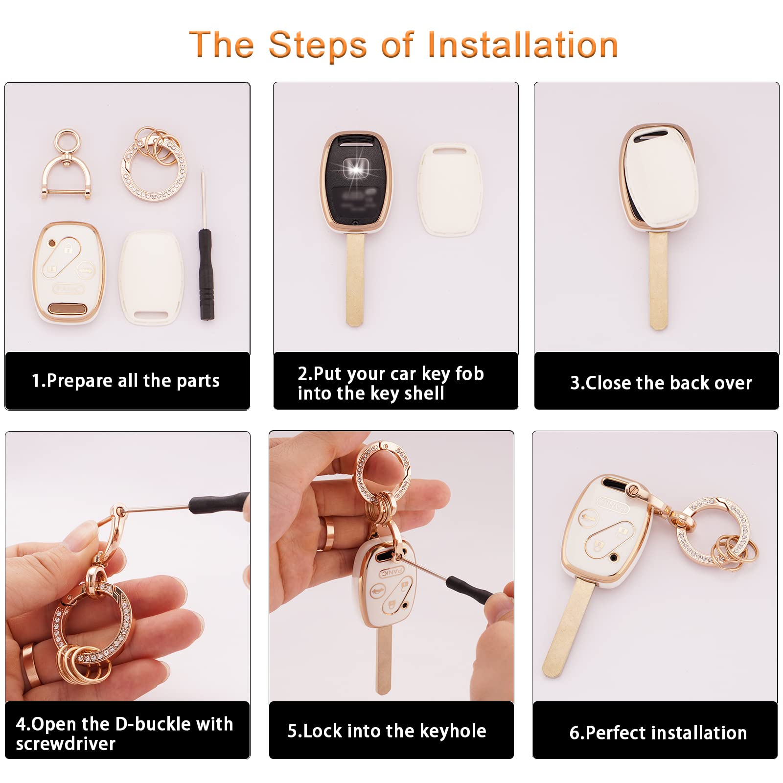 EKALA for Honda Key Fob Cover Soft TPU Full Protection Smart Key Case Shell with Bling Keychain Fit for Honda Accord Civic CR-V Pilot Element 4 Buttons Remote Smart Key Fob Holder (R-Hod-4R-W)