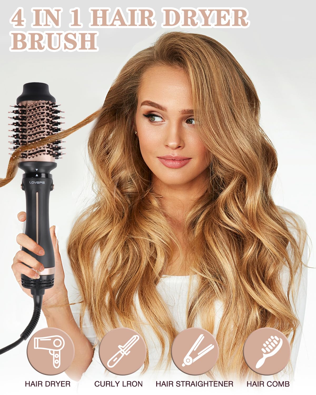 LOVEPS 1000W Oval Brush Hair Dryer, ALCI Safety Plug, Gold